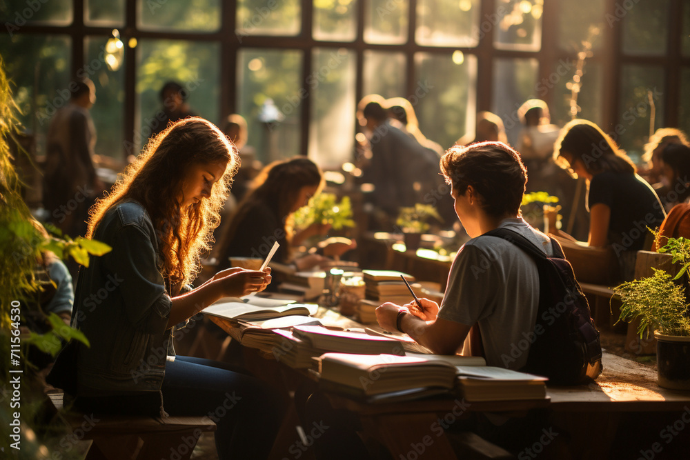 A picturesque scene of students involved in an outdoor literature class ...