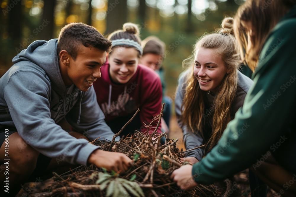 A diverse group of high school students engaged in an outdoor team ...