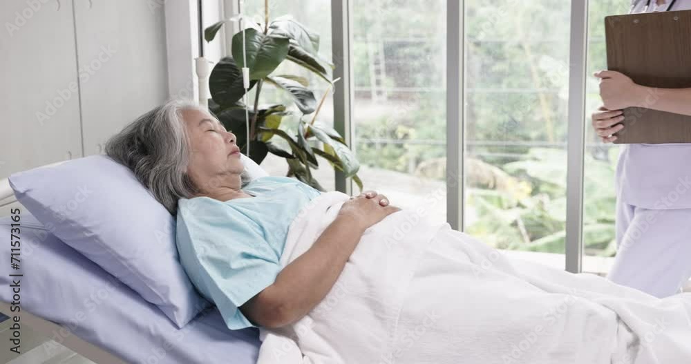 nurse takes care elderly Asian female patient checking and inquiring ...