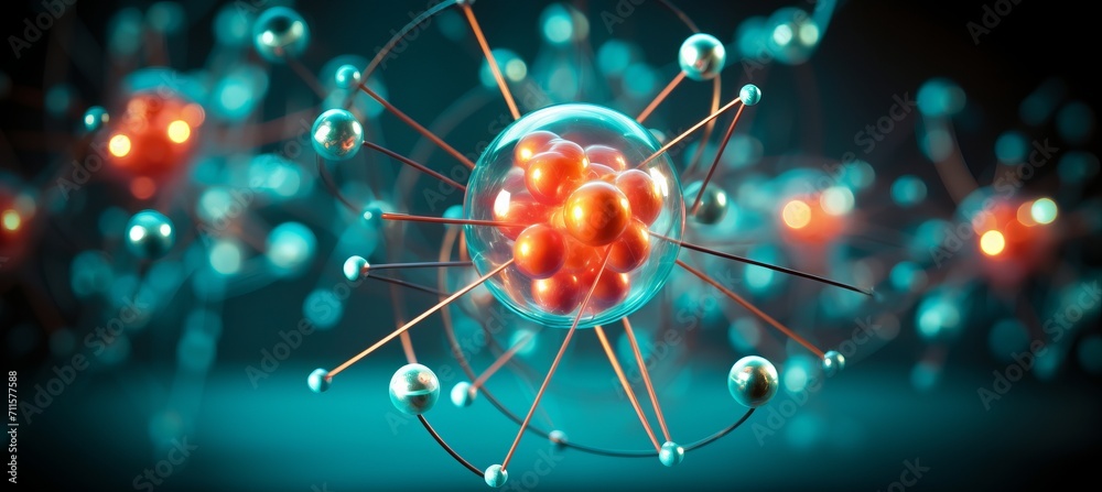 Atomic nucleus model with electrons orbiting fixed, positively charged nucleus in predictable ...