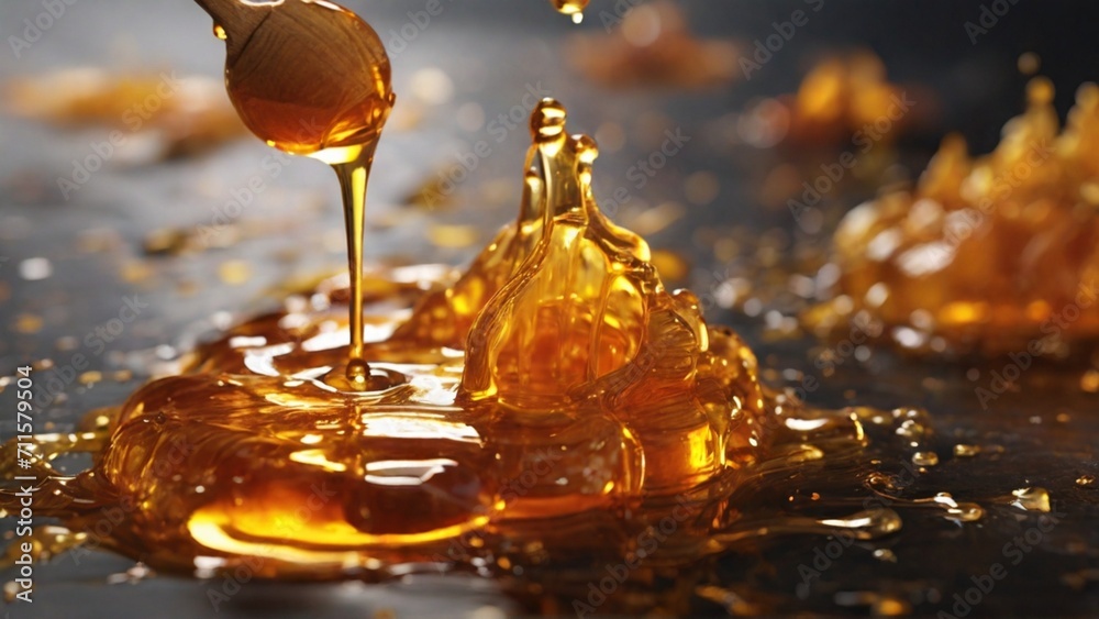 Zoom in on the ultra-realistic drip of honey, capturing its slow ...