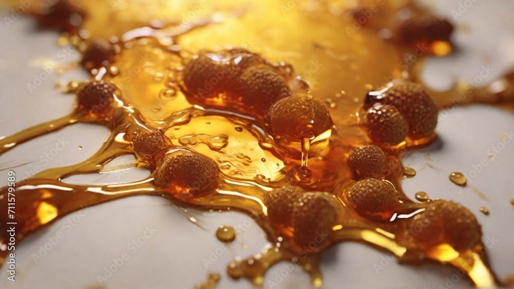 Zoom in on the ultra-realistic drip of honey, capturing its slow ...