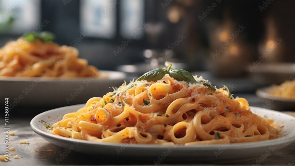 Focus on the ultra-realistic texture of perfectly cooked pasta ...