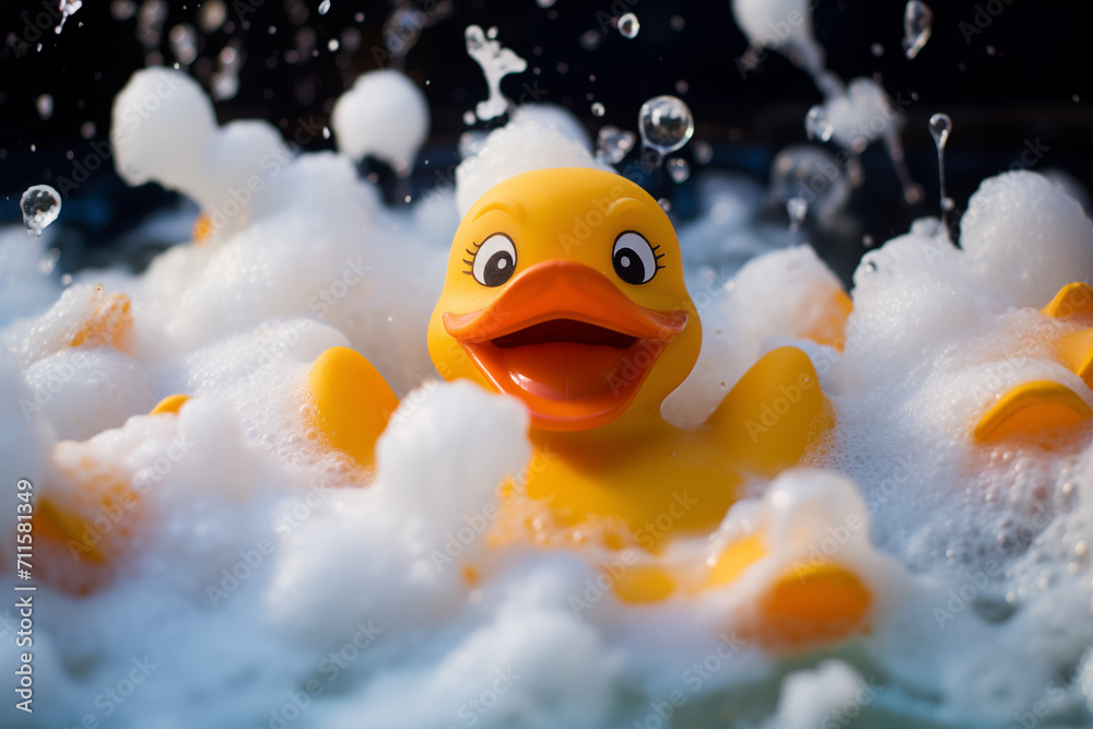 Quietscheente mit ganz viel Schaum in der Badewanne, Glückliches ...