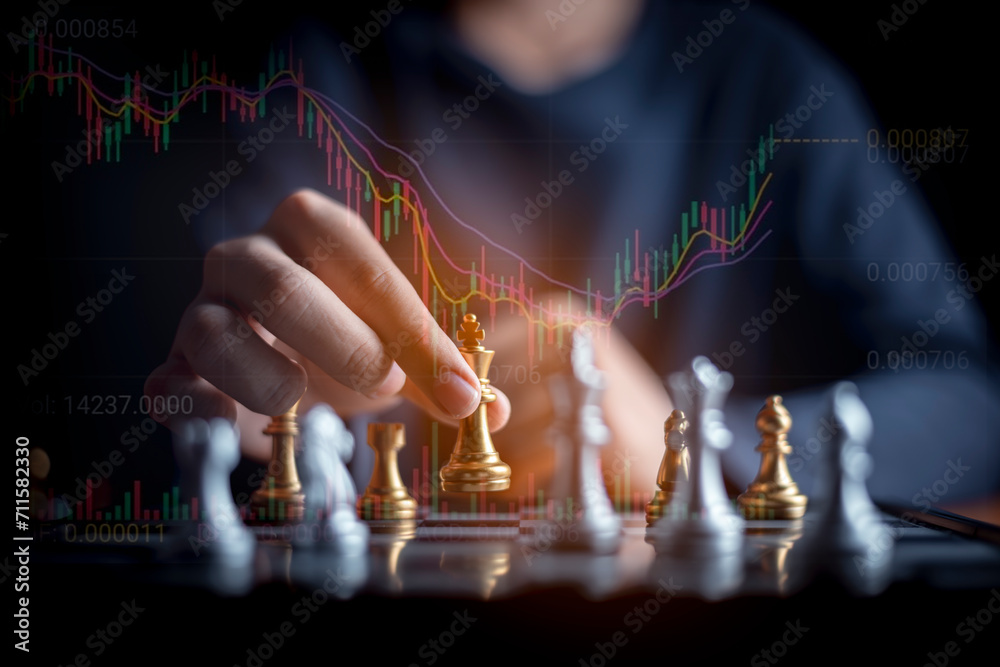 Double exposure chess game on strategy competitive market ,chess board ...