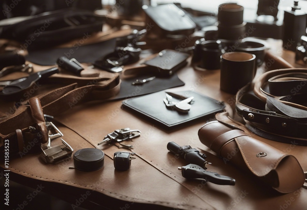 Leather craftmans work desk Piece of hide and working tools on a work ...