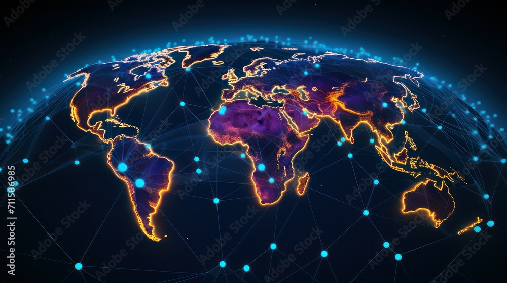 Vibrant Spectrum Hologram screen map of world continents, with future ...