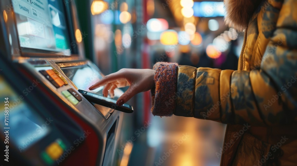 Close up of woman's hand paying for the product at vending machine with ...
