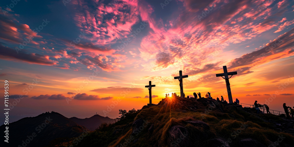Sunset Silhouette Depicting the Crucifixion of Jesus, Alongside the ...