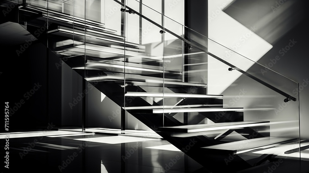 High-contrast, black and white photo of a contemporary staircase with ...