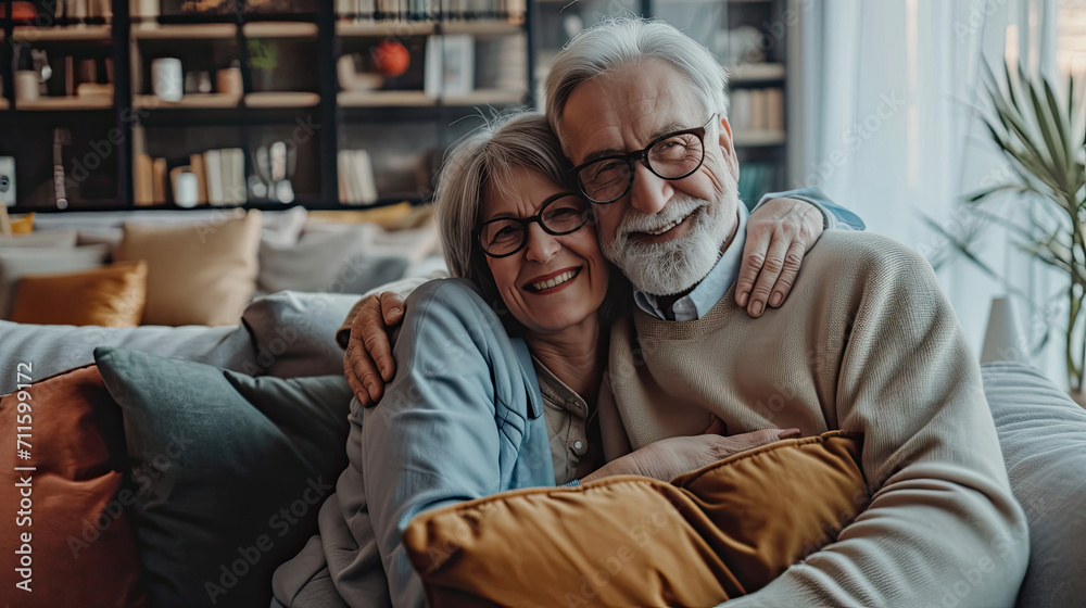 Portrait, hug and senior couple on sofa for bonding, healthy marriage and relationship in living ...