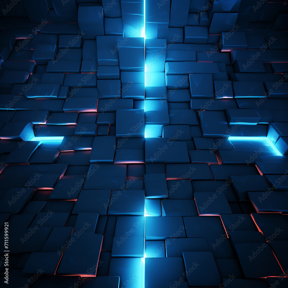 Navy blue abstract joining tiles with neon effect and lighting coming ...