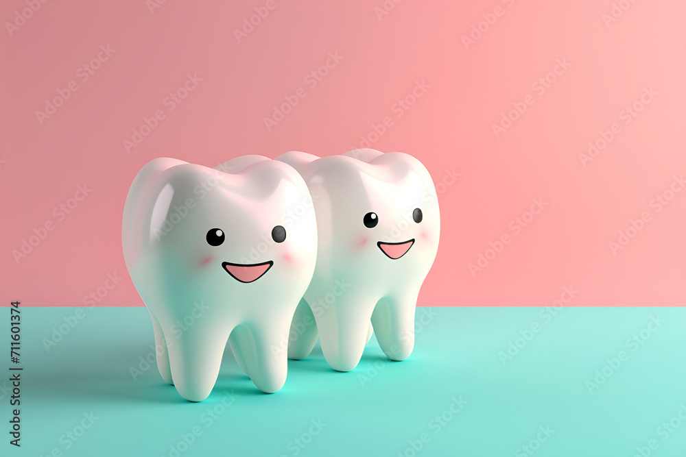 Two happy 3D tooth models on colored background. Cheerful cartoon teeth ...