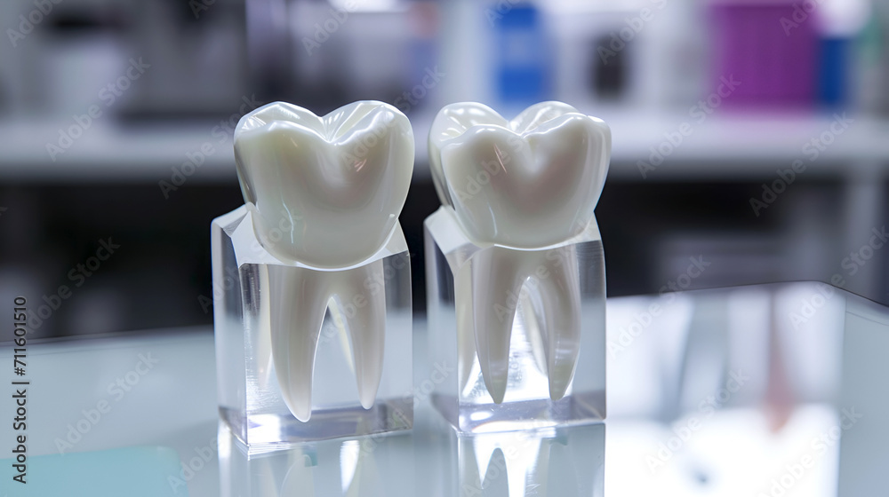 3D tooth models on table in dental office. Professional dental replicas ...