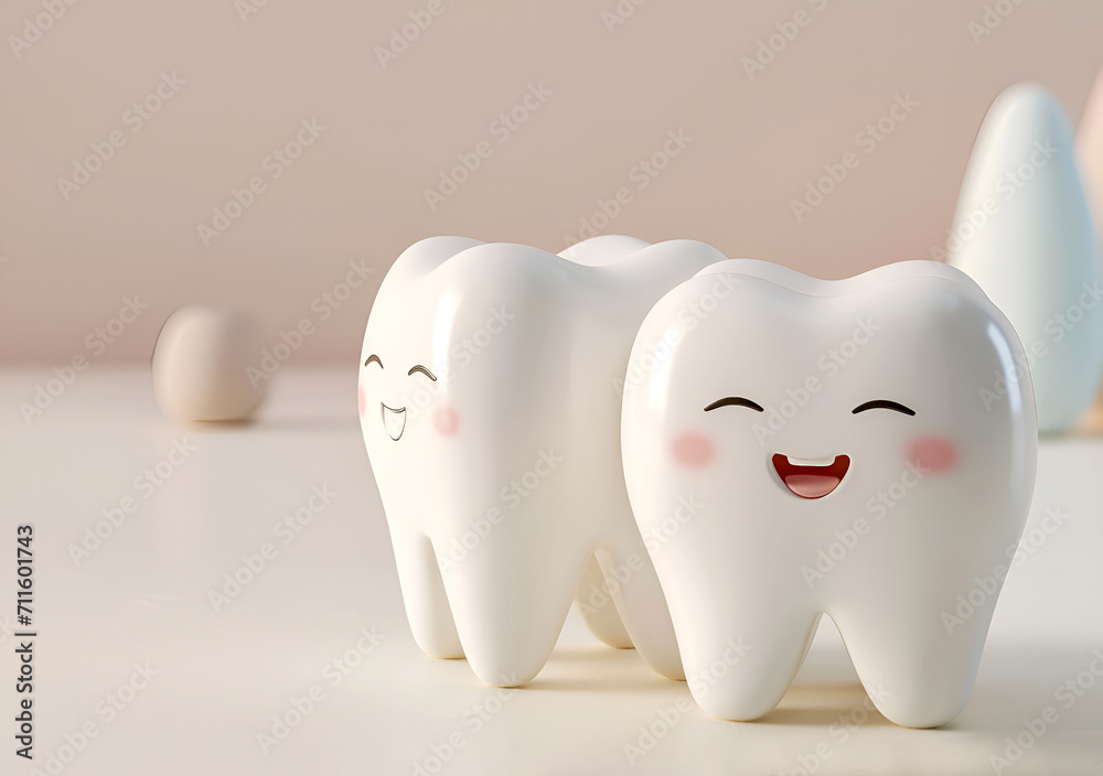 Two cute 3D tooth models on neutral background, friendly teeth with ...