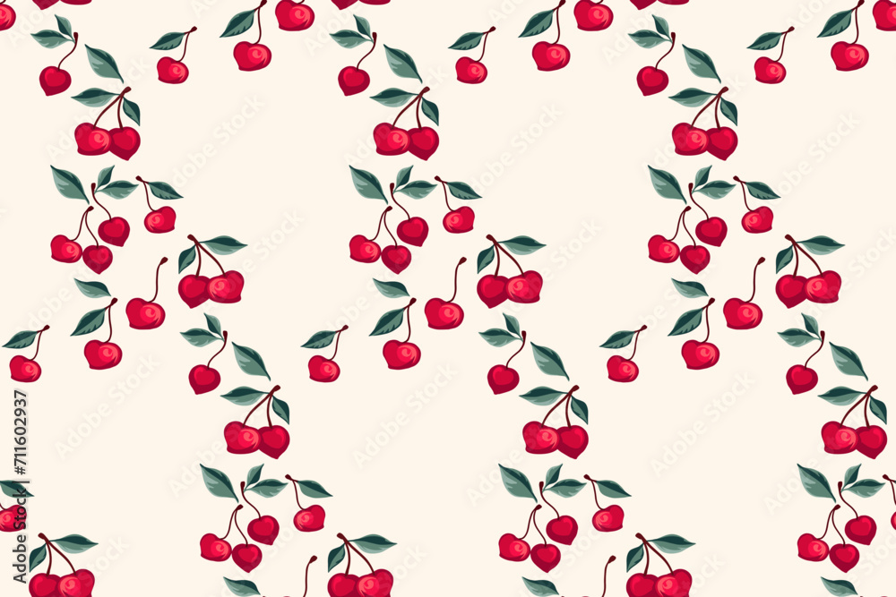 Seamless artistic stylized cherries pattern. Summer berries, fruits ...
