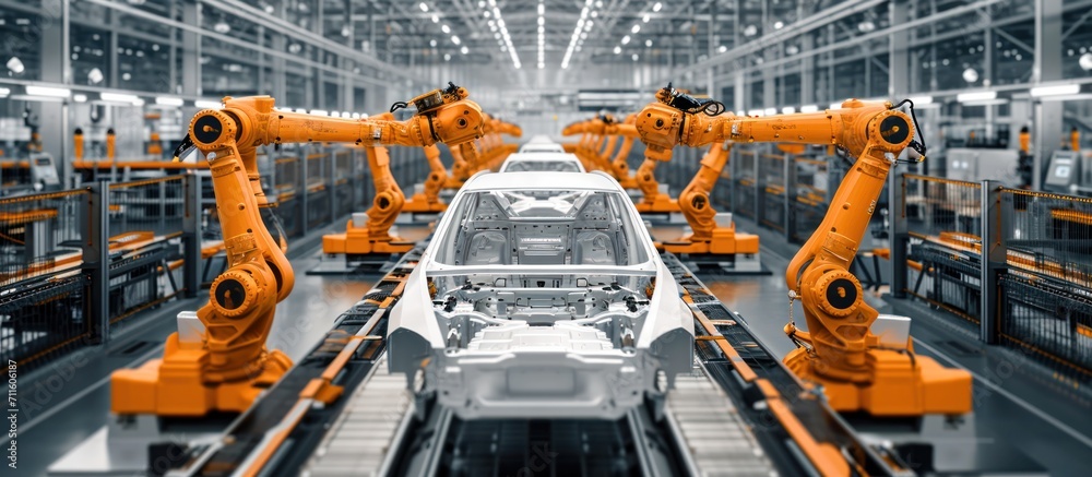 Car manufacturer. Car Factory Digitalization Industry. Automated Robot ...