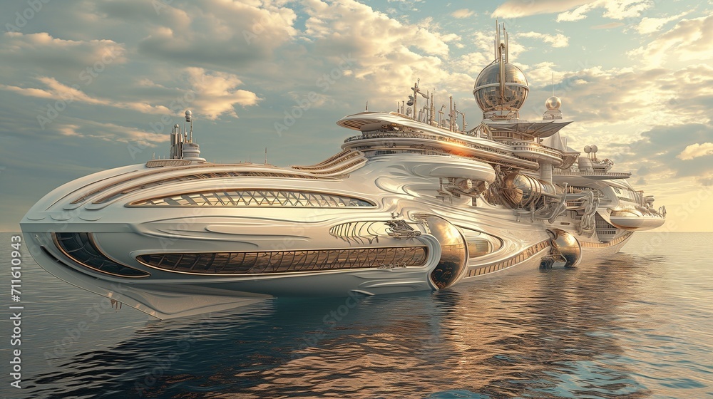 AI generated illustration of a distinctively shaped boat gracefully ...