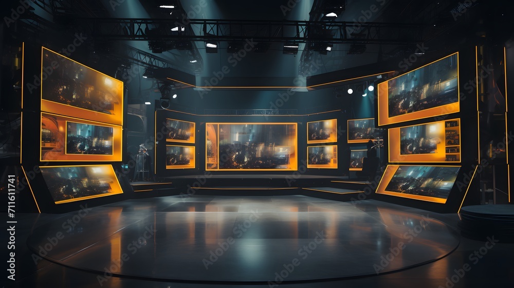 TV studio set in preparation. Large scale monitors. Stock Photo | Adobe ...