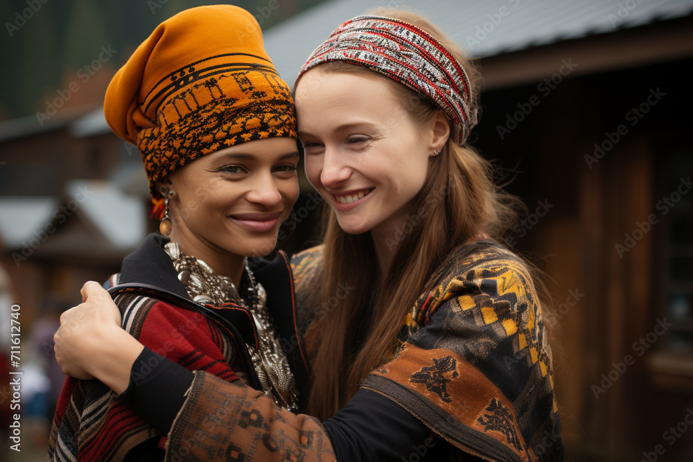 Cultural exchange: People in traditional garments exchanging greetings ...