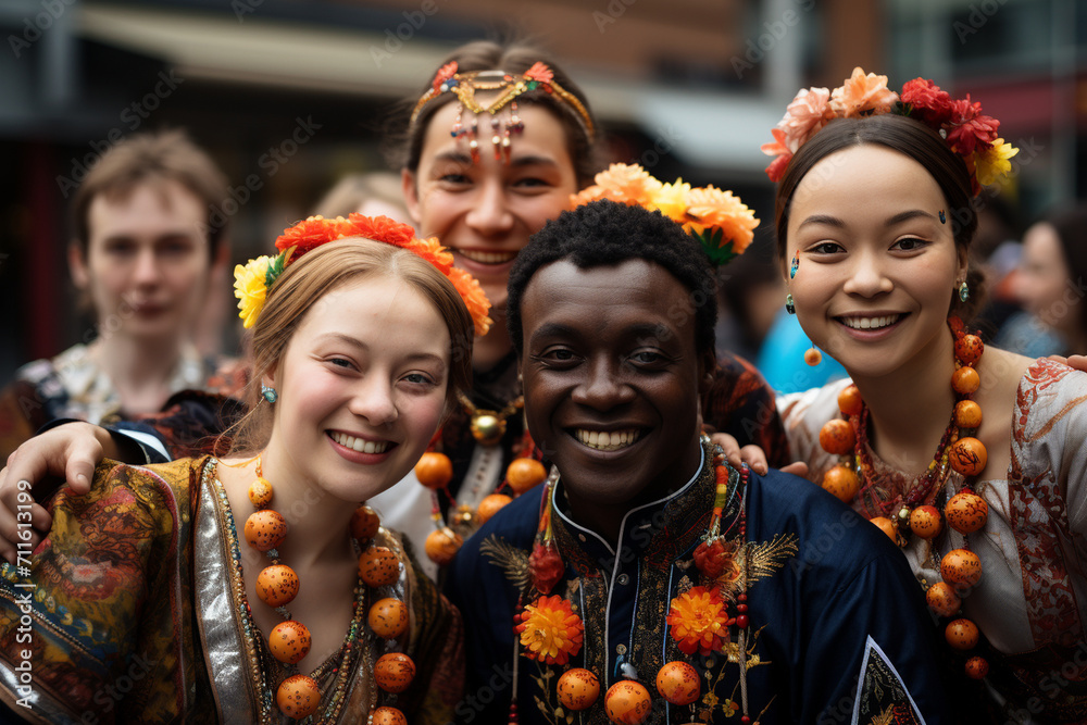 Multinational gathering: People in traditional dress, gathered around ...
