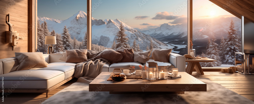 Spacious Scandinavian-style interior with large stained glass windows ...