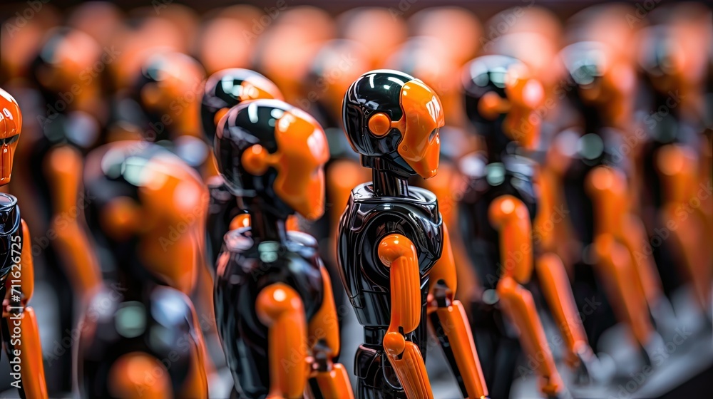 Large warehouse of robots in production with selective focus on a ...