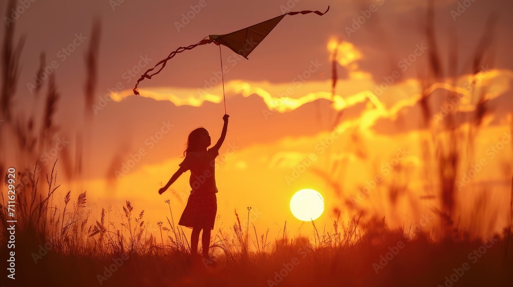 child launches kite sunset. silhouette teenage girl playing with wind ...