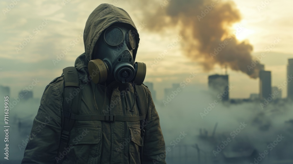 Man wear gas mask. Dangerous toxic radiation. Air pollution concept ...