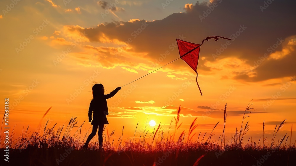 child launches kite sunset. silhouette teenage girl playing with wind ...