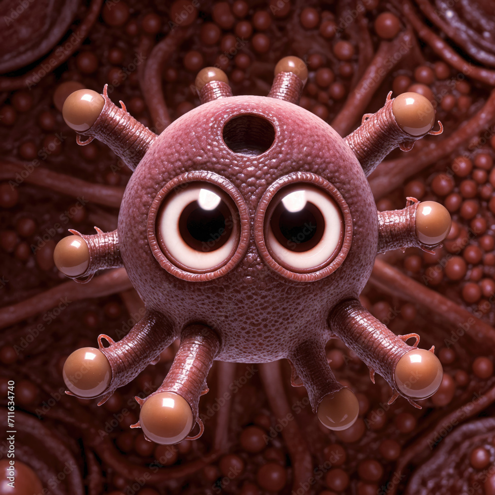 Imaginative pink cellular virus with long tentacle appendages and big ...