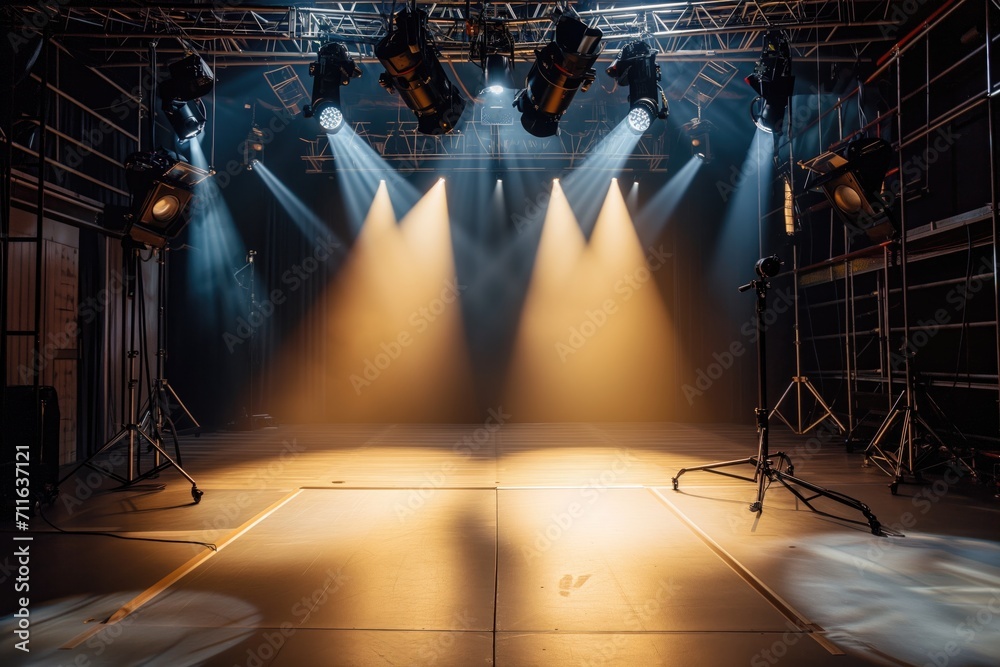 Powerful Spotlights Illuminate A Lighting Ramp For Theater And Film ...