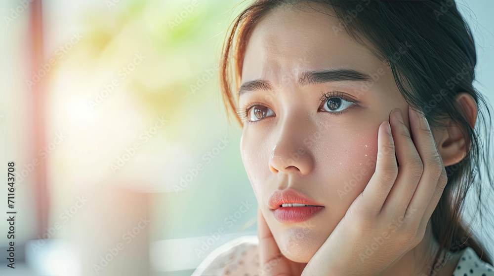 Dermatology, expression face worry asian young woman looking mirror ...
