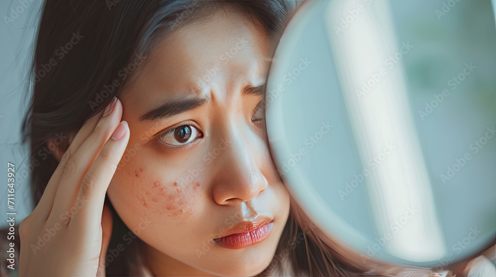 Dermatology, expression face worry asian young woman looking mirror ...