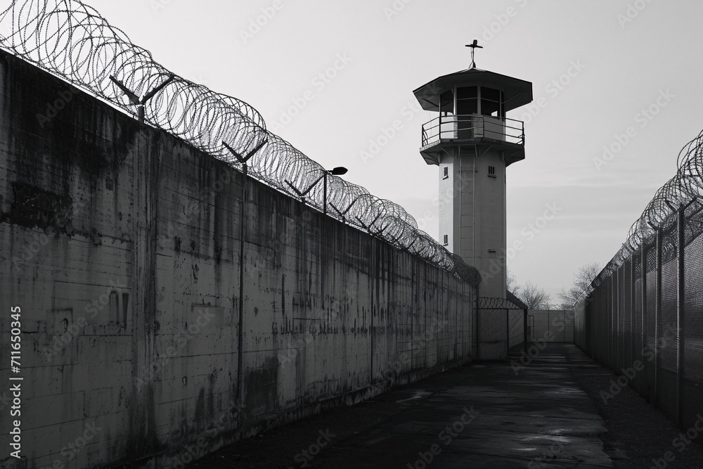 Black and white photo of a prison watchtower and high walls with barbed ...