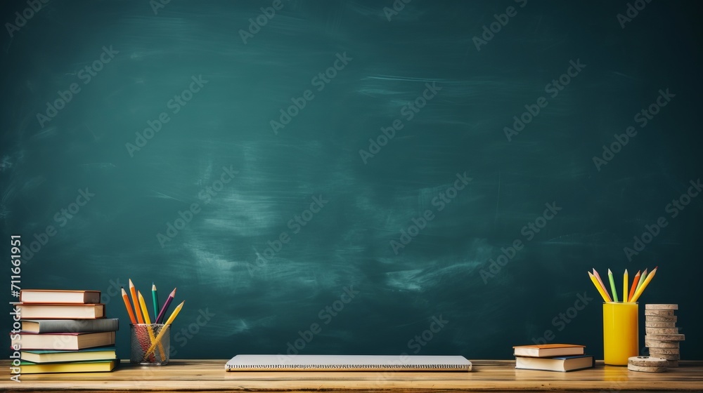 Back to school classroom table with books, pencils, and space for text ...