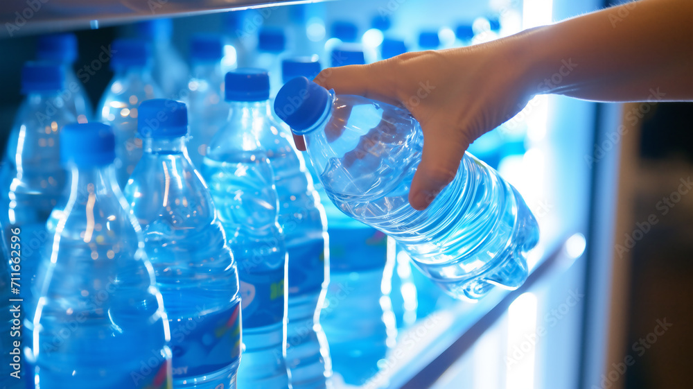 Hand taking out a water bottle or mineral water from refrigerator or a ...