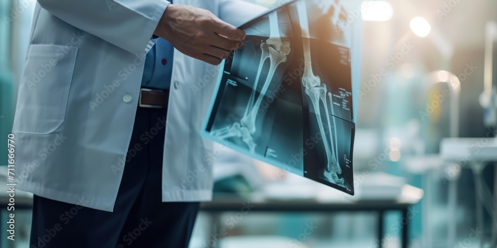 Doctor checking an X-ray sheet of leg and knee bone in the medical ...