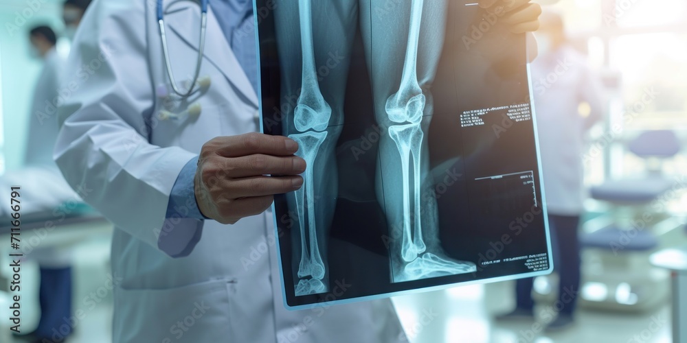 Doctor checking an X-ray sheet of leg and knee bone in the medical ...