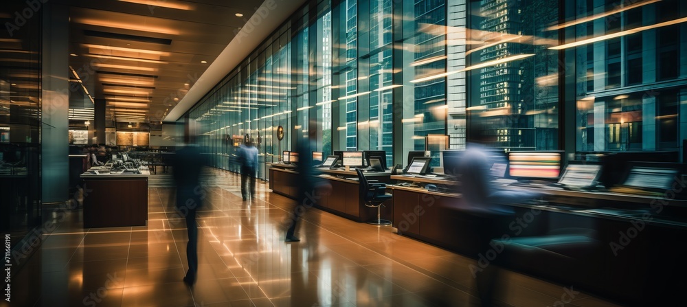 Blurred bokeh effect in a busy banking hall with teller windows and ...