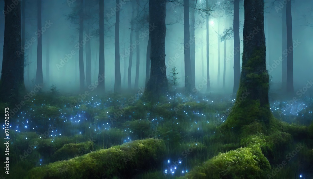 landscape at night. Fantasy forest background. Surreal design backdrop ...