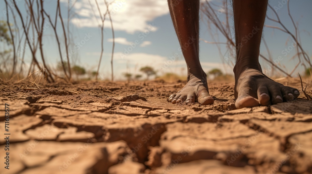 AI generated illustration of bare feet on parched earth under the ...