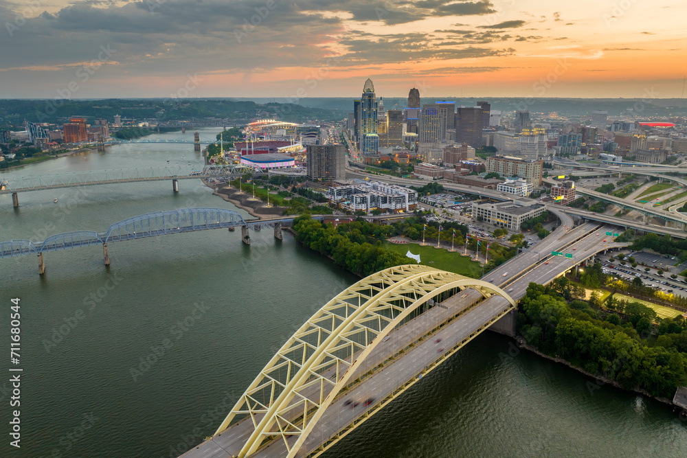 Downtown district of Cincinnati city in Ohio, USA at sunset with ...