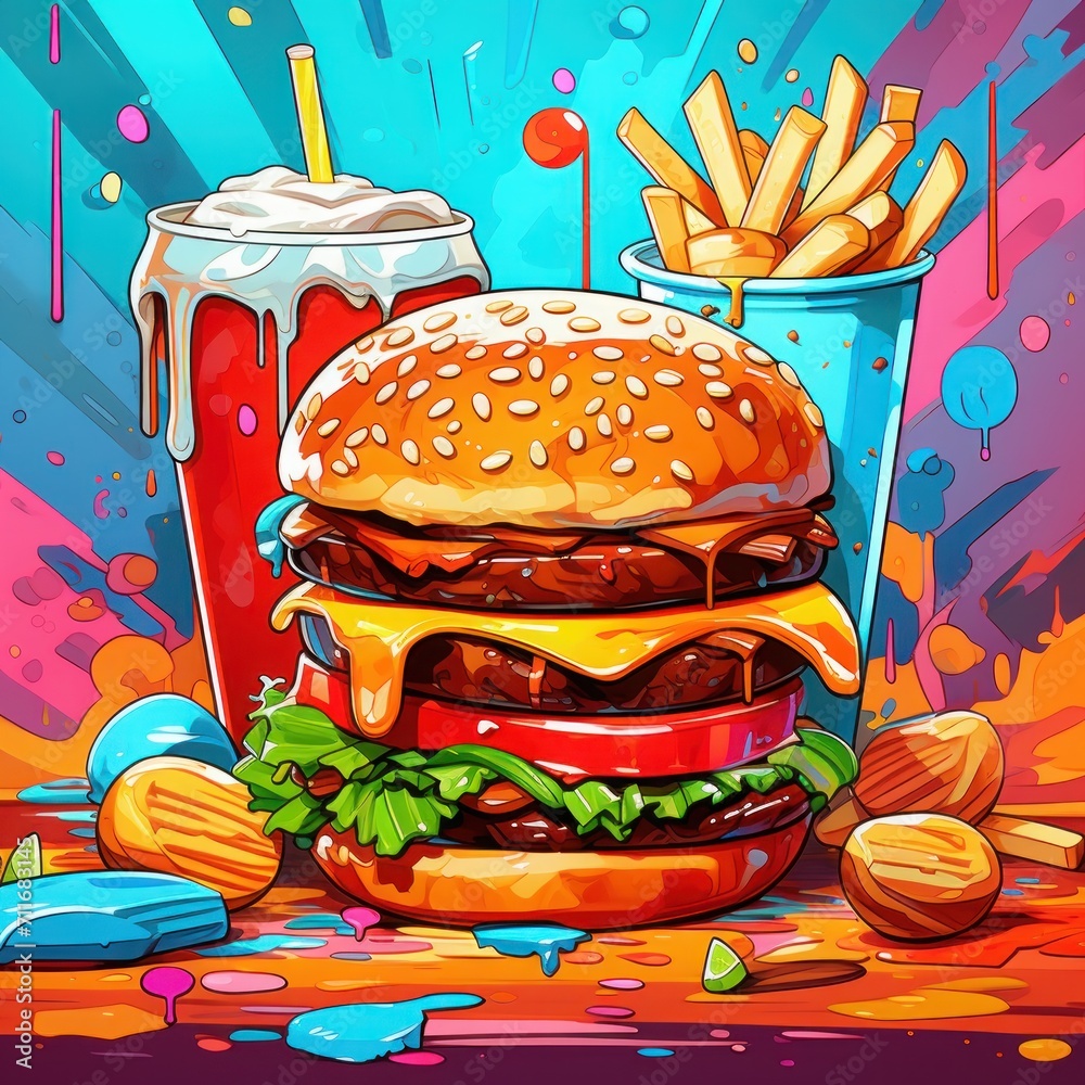 Hand drawn burger illustration. Cartoon style artwork of an oversized ...