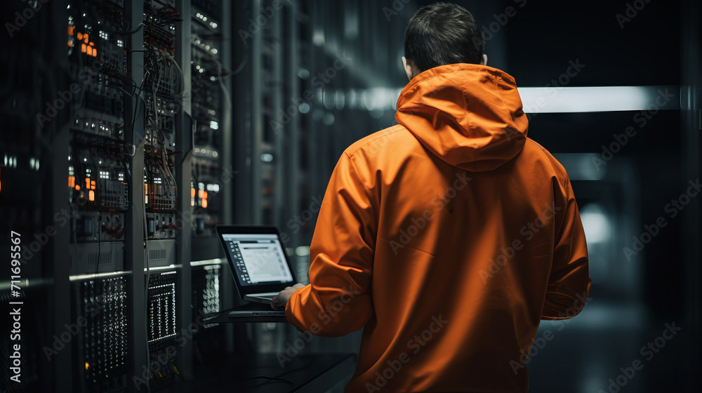 A rear view of an IT engineer, programmer, hacker wearing an orange ...