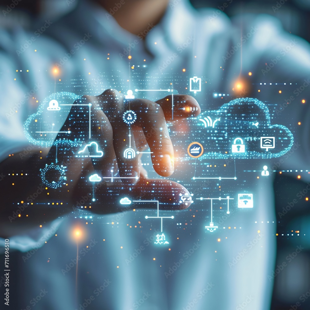 Touching the future of IT, a person commands a cloud computing platform ...