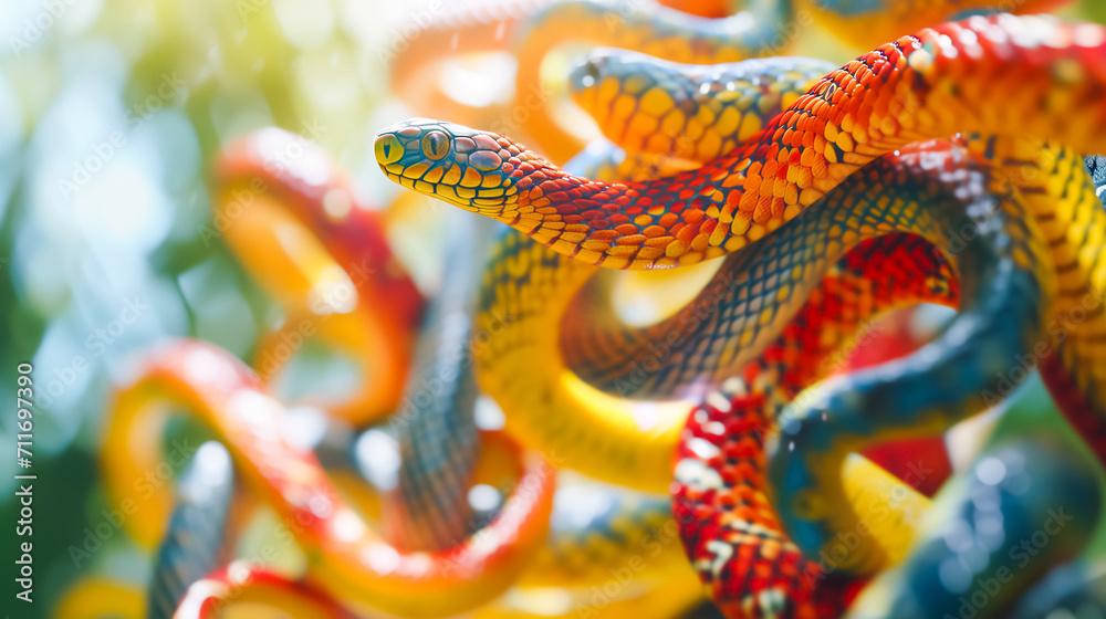 Vibrant colored snakes intertwine, showcasing a mix of red, orange, and ...