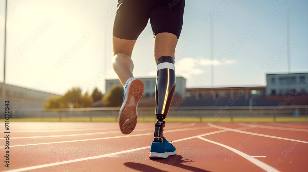 Foto de Disabled athlete with a prosthetic leg doing sport on an ...