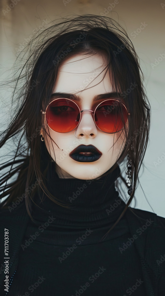 Goth Chic: Girl Wearing Round Red-Tinted Sunglasses, Black Clothes, and ...