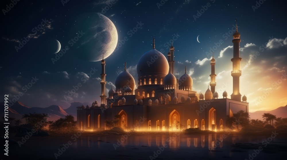 Domed mosque at night with moonlight, background illustration copy ...